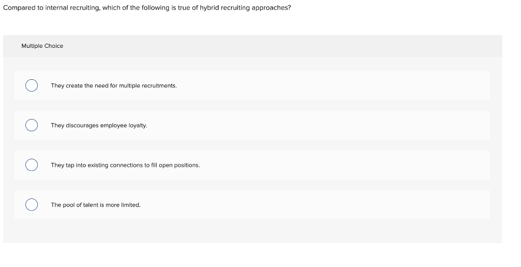 Solved Compared to internal recruiting, which of the | Chegg.com