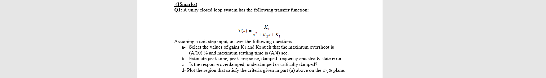 Solved 15marks Q1 A Unity Closed Loop System Has The 