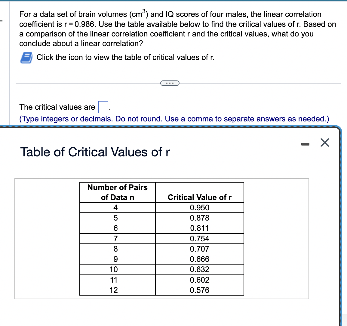 Solved For a data set of brain volumes (cm3) and IQ scores | Chegg.com