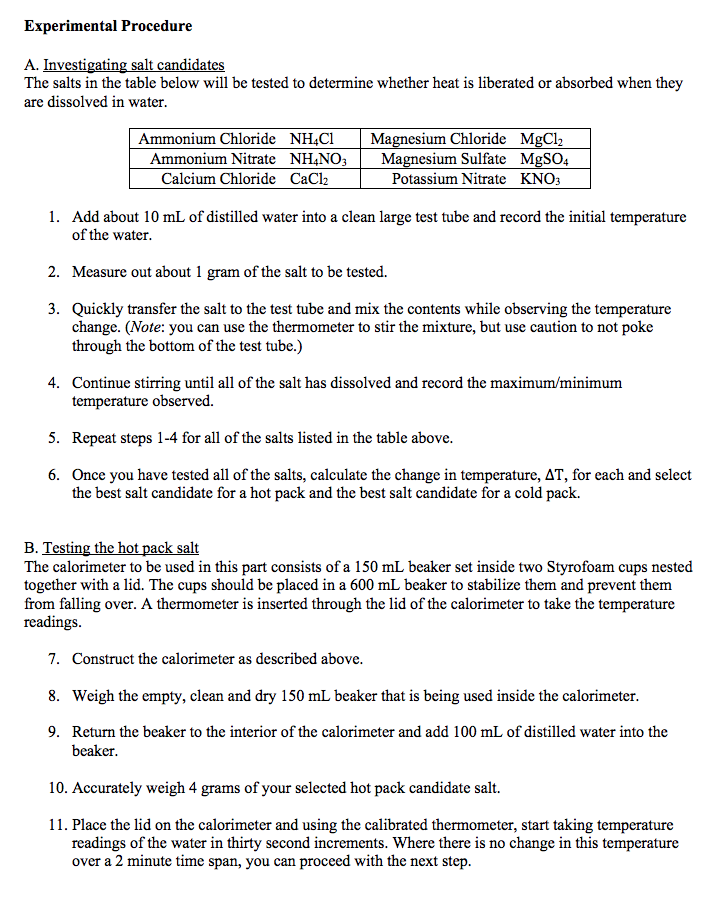 Solved Experimental Procedure A. Investigating salt | Chegg.com