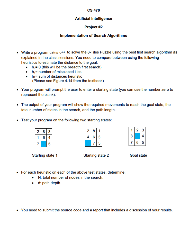 Solved CS 470 Artificial Intelligence Project #2 | Chegg.com