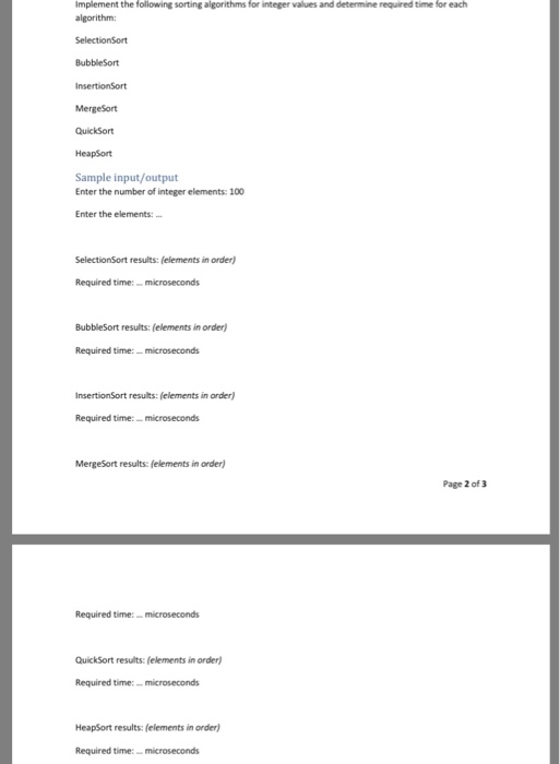 Solved Implement the following sorting algorithms for | Chegg.com