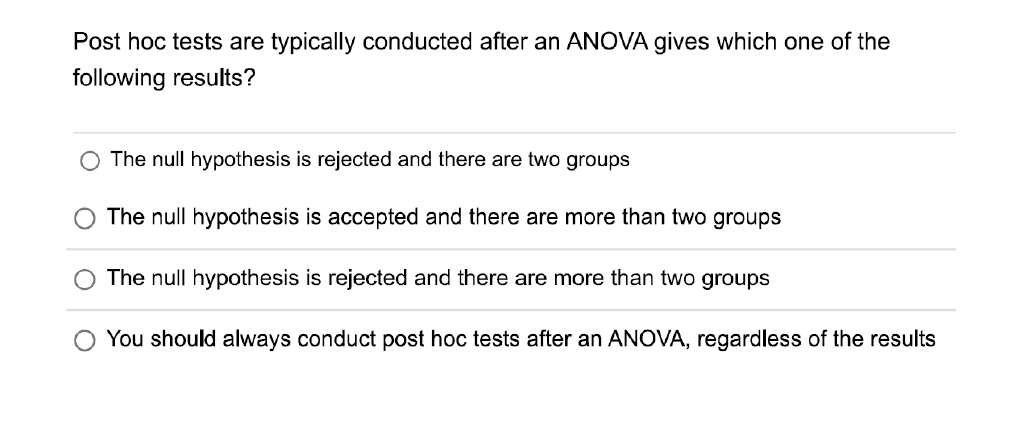 Solved Post hoc tests are typically conducted after an ANOVA | Chegg.com