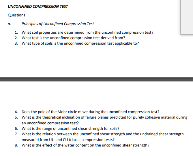 Solved UNCONFINED COMPRESSION TEST Questions a. Principles | Chegg.com