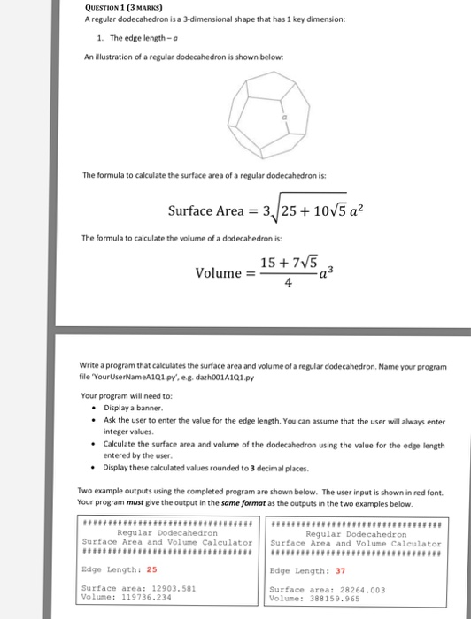 Solved QUESTION 1 (3 MARKS) A regular dodecahedron is a | Chegg.com