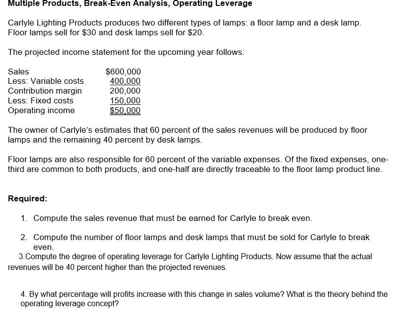 Solved Multiple Products, Break-Even Analysis, Operating | Chegg.com