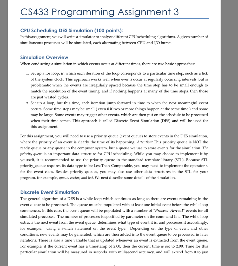 CS433 Programming Assignment 3 CPU Scheduling DES | Chegg.com