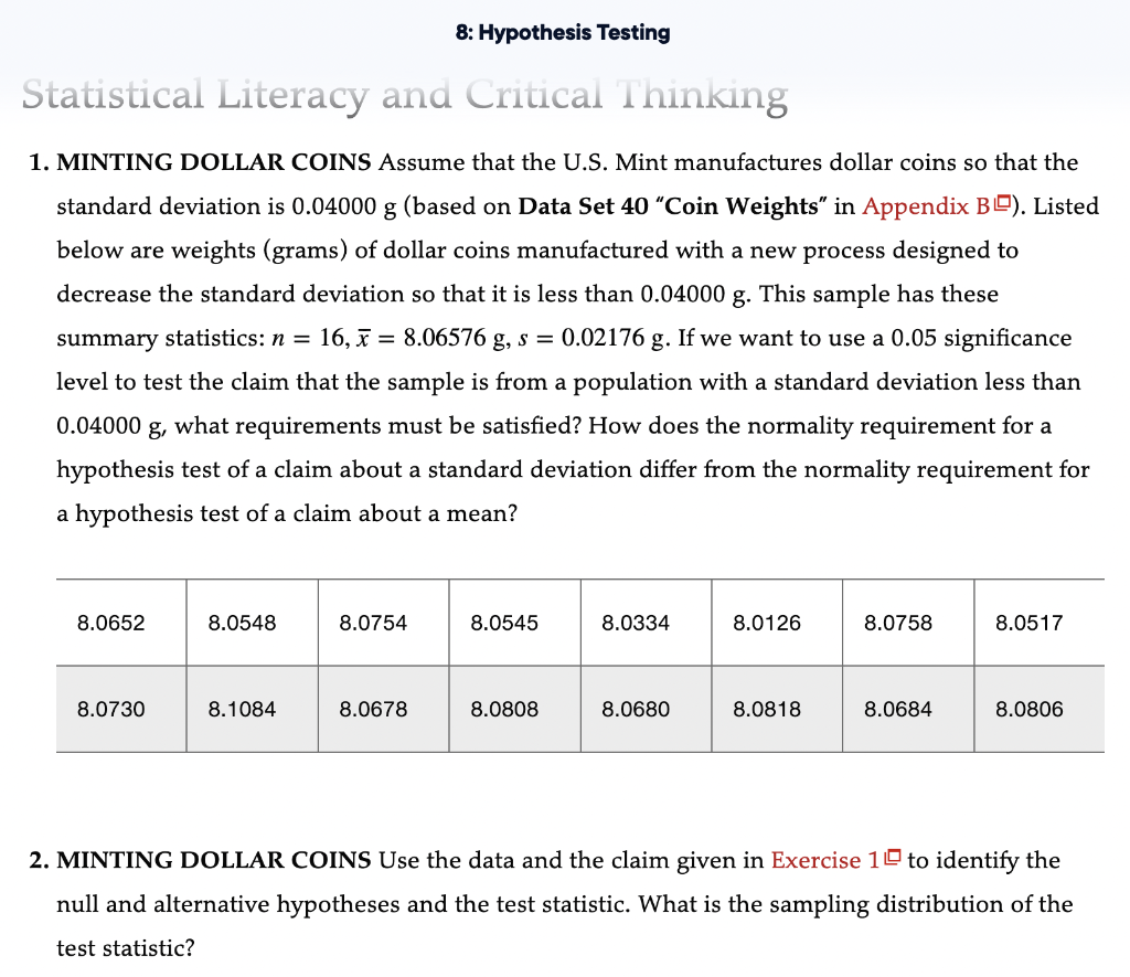 Solved 2. Minting Dollar Coins Use the data and the claim | Chegg.com