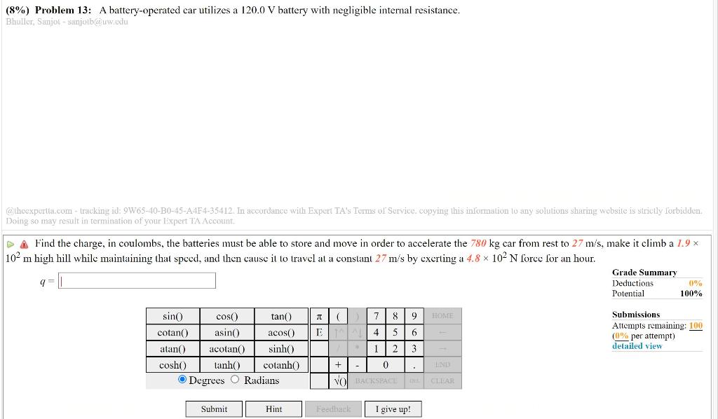 Solved (8%) Problem 13: A battery-operated car utilizes a | Chegg.com