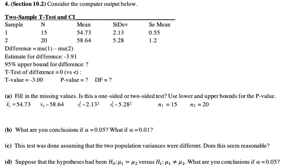Solved 4. (Section 10.2) Consider the computer output below. | Chegg.com