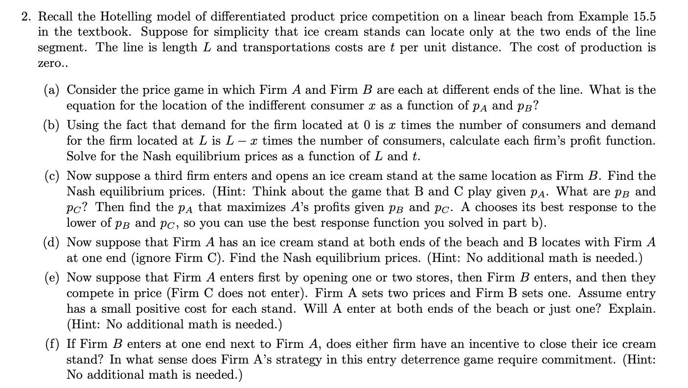 2. Recall the Hotelling model of differentiated | Chegg.com