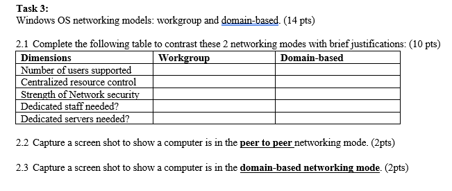 Task 3: Windows OS networking models: workgroup and | Chegg.com