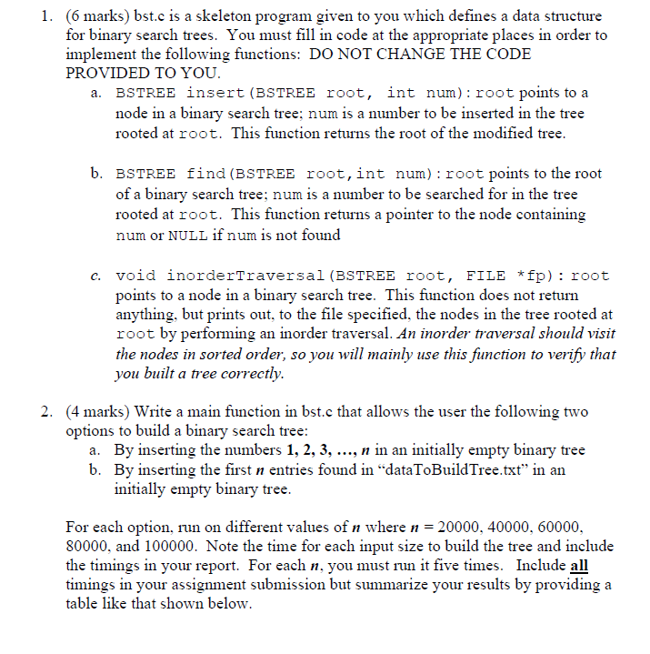 Solved 1. (6 marks) bst.c is a skeleton program given to you | Chegg.com