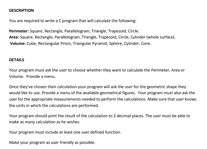 Solved DESCRIPTION You are required to write a C program | Chegg.com