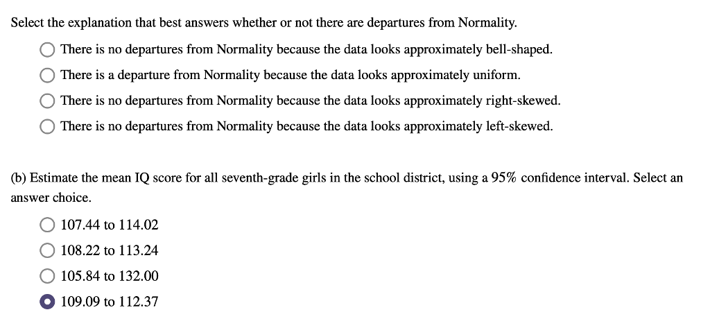 Solved The IQ test scores of 74 seventh-grade girls in a | Chegg.com