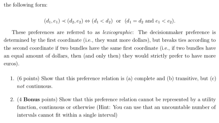 Solved 2. LEXICOGRAPHIC PREFERENCES (6 POINTS, WITH 4 BONUS | Chegg.com