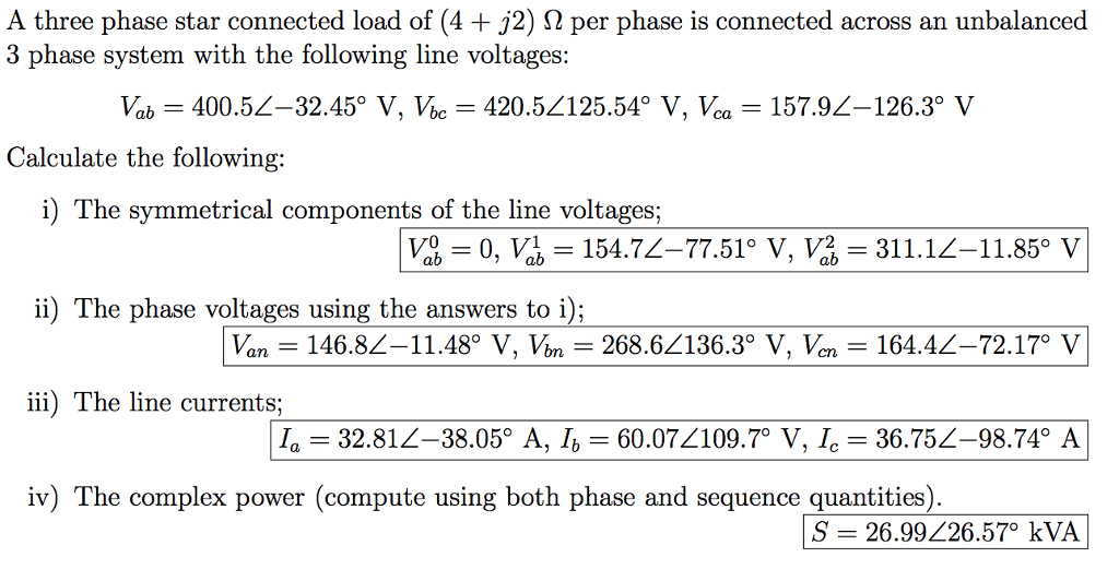 Solved A three phase star connected load of (4 j2) Ω per | Chegg.com