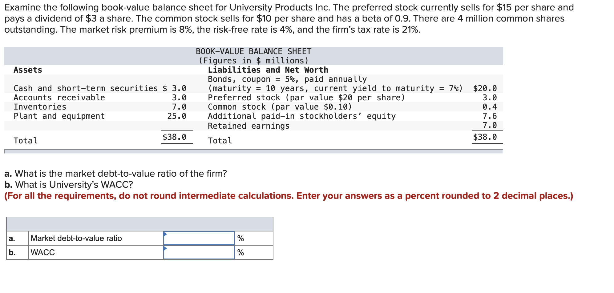 Solved Examine the following book-value balance sheet for | Chegg.com