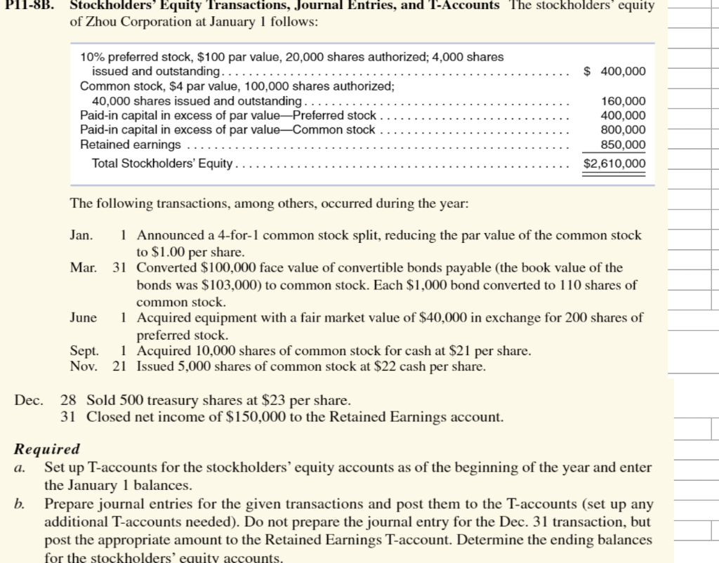 Solved '11-8B. Stockholders' Equity Transactions, Journal | Chegg.com
