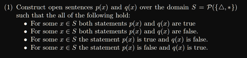 Solved (1) Construct open sentences p(x) and q(x) over the | Chegg.com