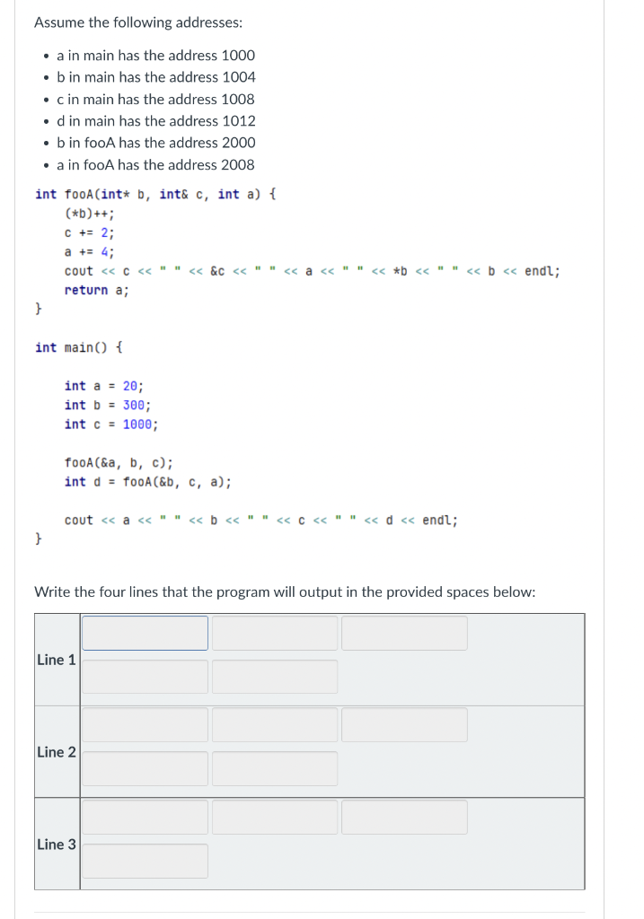 Solved Assume the following addresses: - a in main has the | Chegg.com