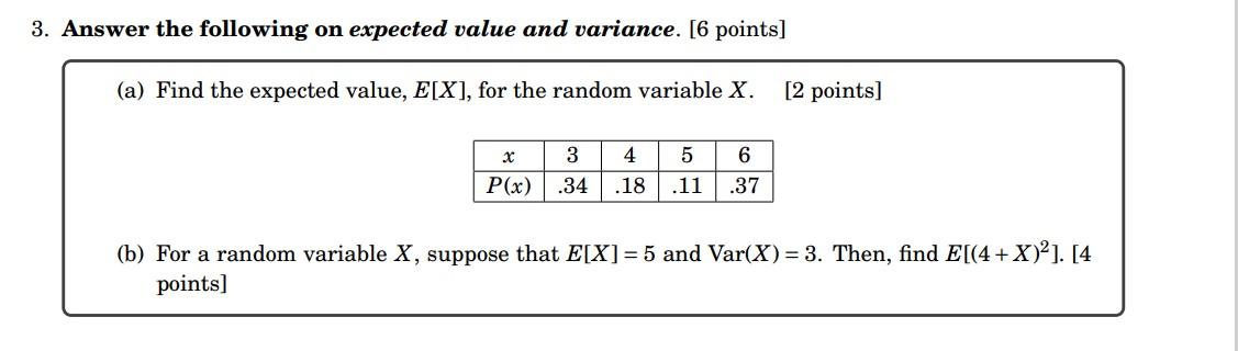 Solved 3. Answer the following on expected value and | Chegg.com