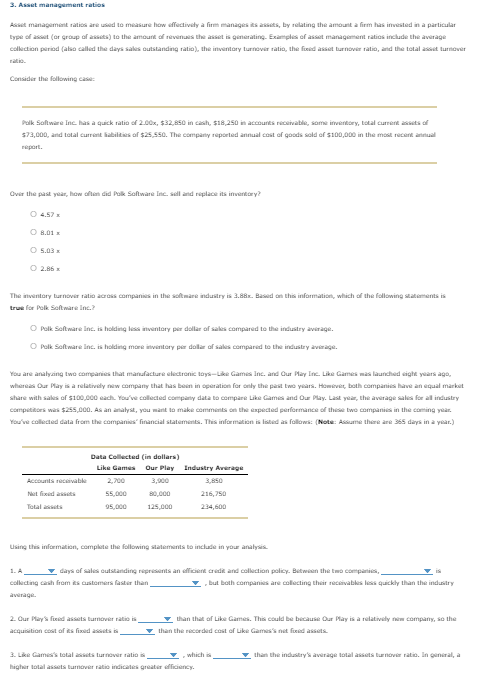 Solved 3. Asset managerment ratios Asiot management tatiod | Chegg.com