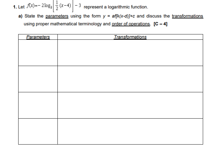 Solved Let f(x)=-2log2[12(x-4)]-3 ﻿represent a logarithmic | Chegg.com