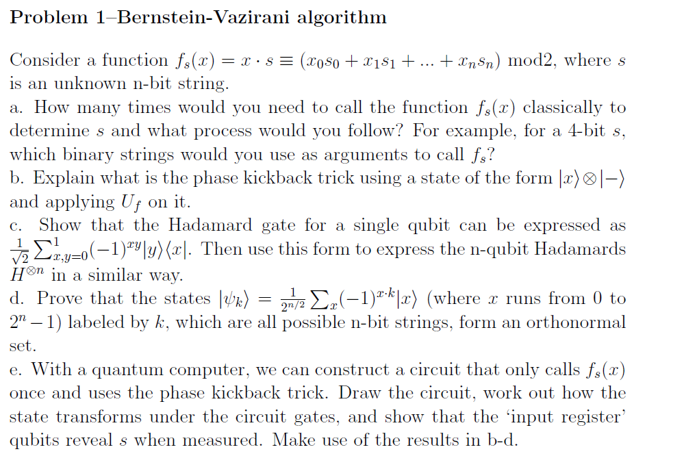 Problem 1-Bernstein-Vazirani algorithm Consider a | Chegg.com