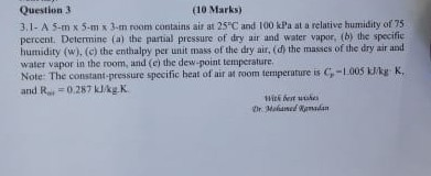 Solved Question 3 (10 Marks) 3.1-A 5-m x 5-m x 3-m room | Chegg.com