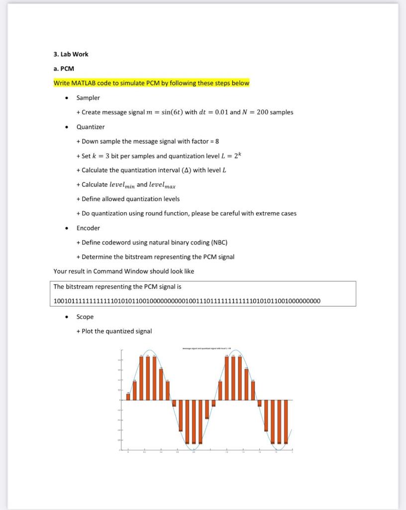 Solved 3. Lab Work a. PCM Write MATLAB code to simulate PCM | Chegg.com