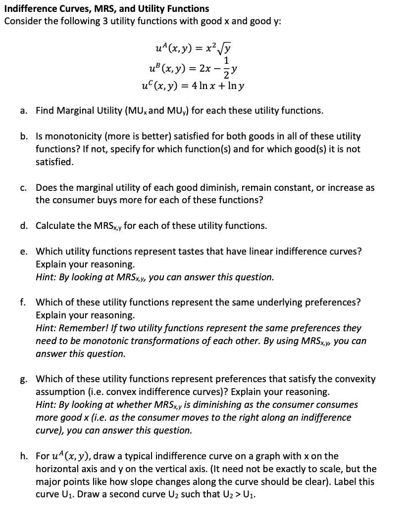 Solved Indifference Curves, MRS, and Utility Functions | Chegg.com
