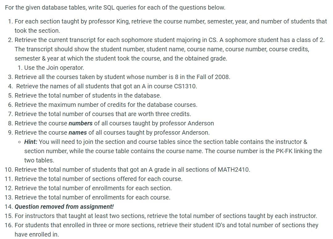Solved For the given database tables, write SQL queries for | Chegg.com