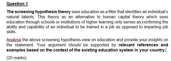Solved Question 1 The screening hypothesis theory sees | Chegg.com