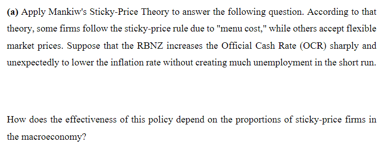 Solved (a) Apply Mankiw's Sticky-Price Theory to answer the | Chegg.com