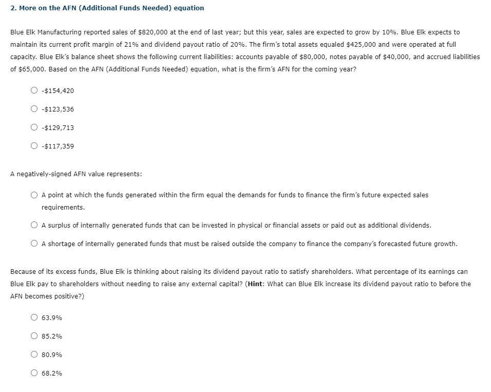Solved 2. More on the AFN (Additional Funds Needed) equation | Chegg.com