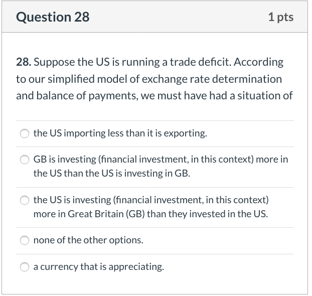 Solved Question 28 1 pts 28. Suppose the US is running a | Chegg.com