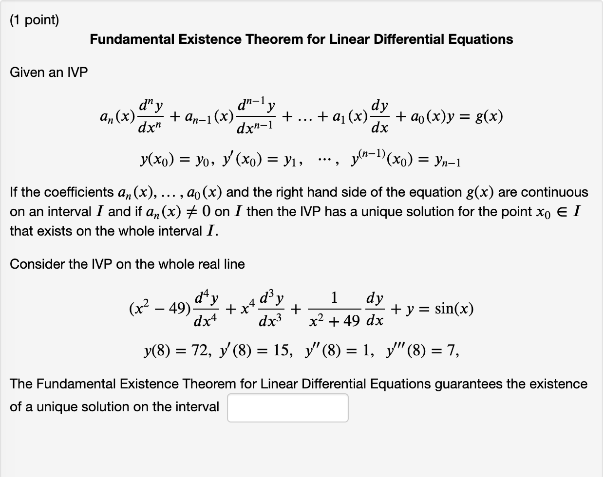 Solved (1 point) Fundamental Existence Theorem for Linear | Chegg.com