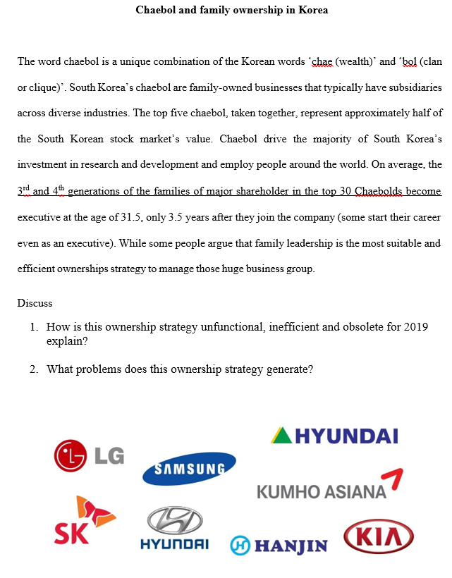 Chaebol and family ownership in Korea unique | Chegg.com