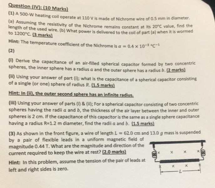 Solved Question (IV): (10 Marks) (4) A S00-W heating coil | Chegg.com