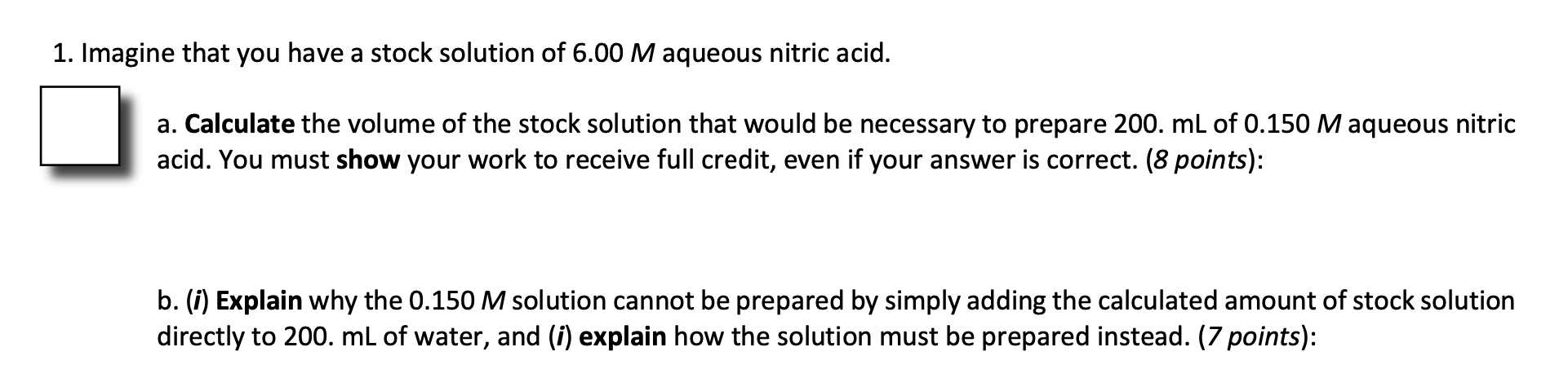 Solved 1. Imagine that you have a stock solution of 6.00 M | Chegg.com