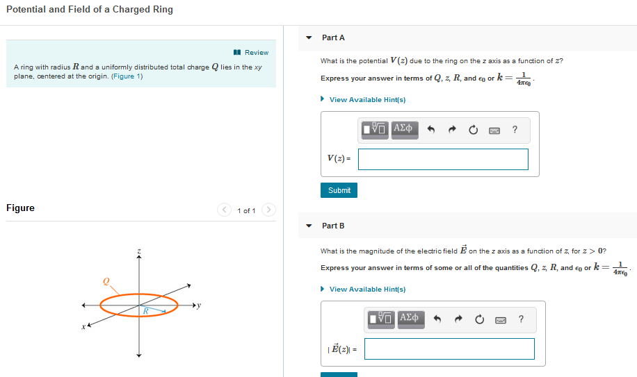 Solved Potential and Field of a Charged Ring Part A Review | Chegg.com Solved Potential and Field of a Charged Ring Part A Review | Chegg.com