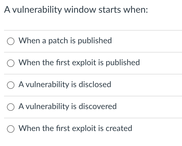 Solved A vulnerability window starts when: When a patch is | Chegg.com