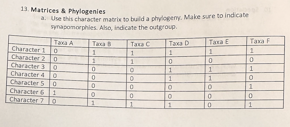 Solved 13. Matrices \& Phylogenies a. Use this character | Chegg.com
