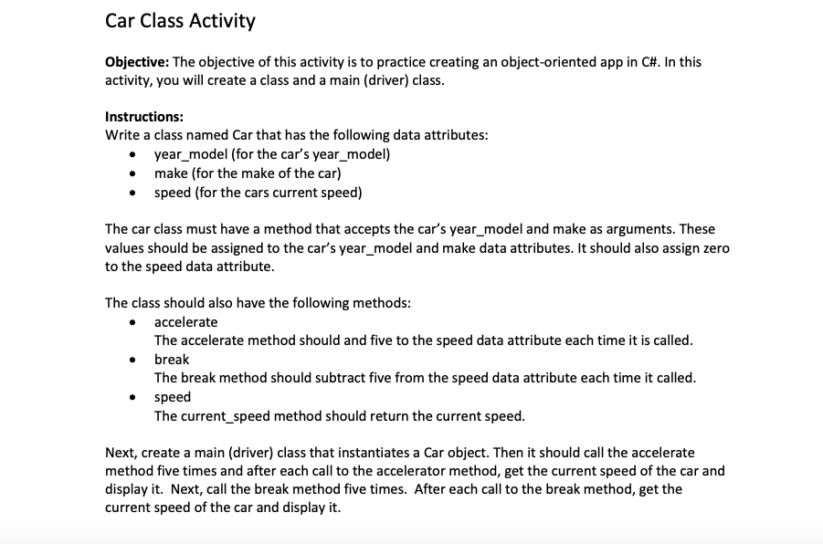 Car Class Activity Objective: The objective of this | Chegg.com
