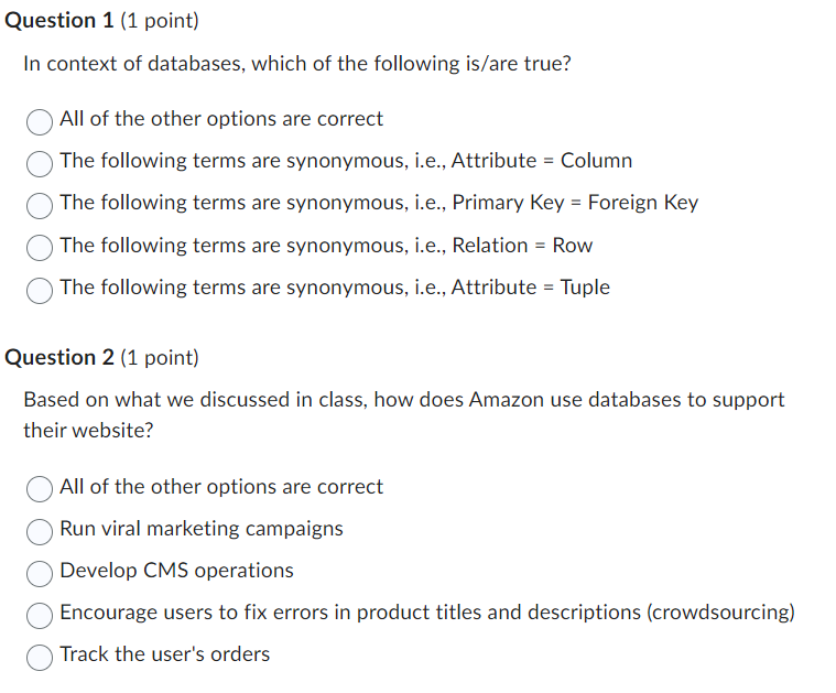 Solved In context of databases, which of the following | Chegg.com