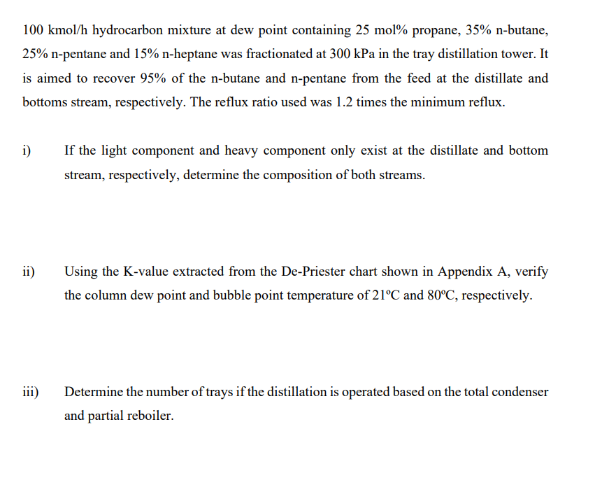 [Solved]: 100 kmol/h hydrocarbon mixture at dew point cont