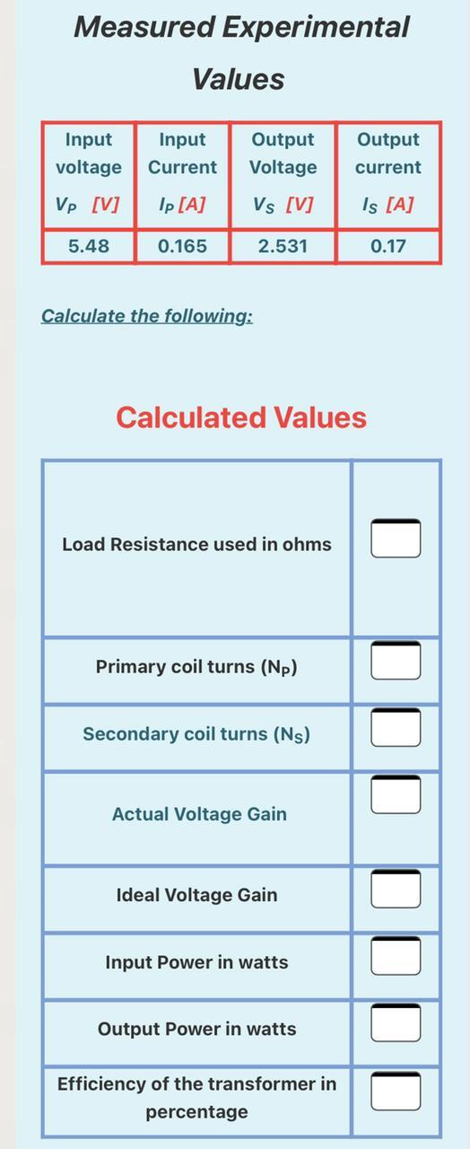 Solved Measured Experimental Values Input voltage Input | Chegg.com