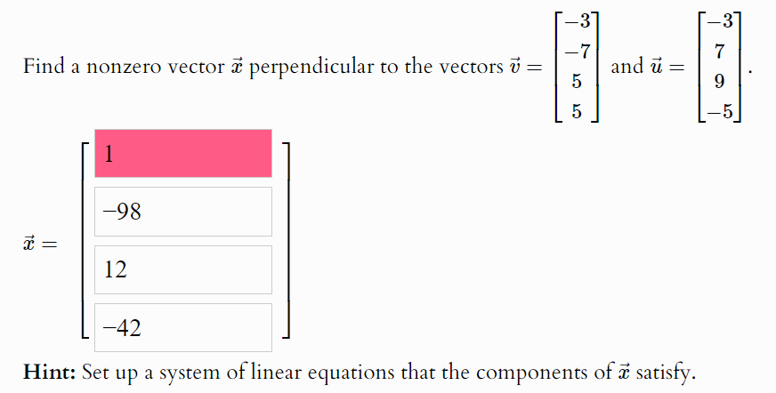 Solved Find a nonzero vector vec(x) ﻿perpendicular to the | Chegg.com