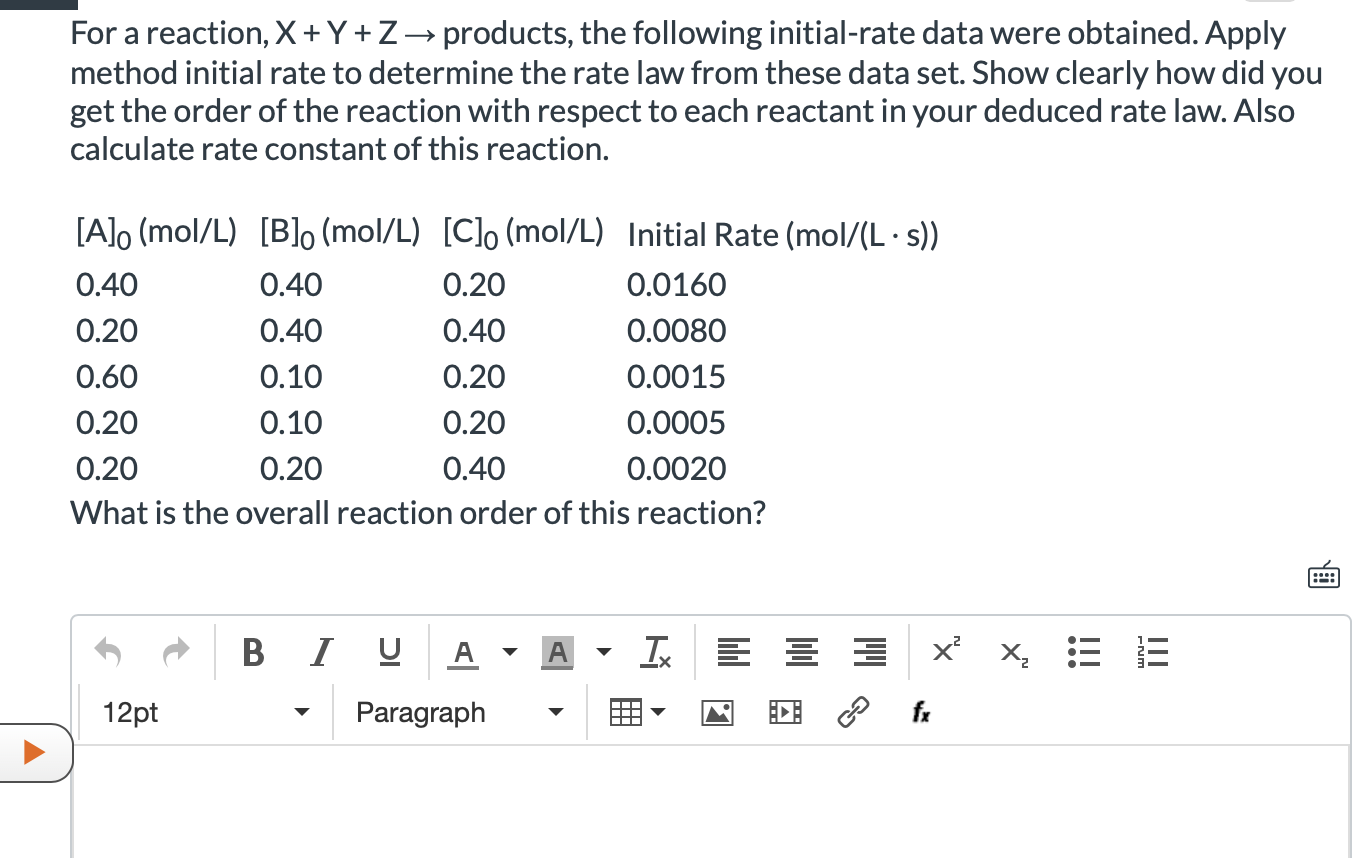 Solved For a reaction, X+Y+Z → products, the following | Chegg.com